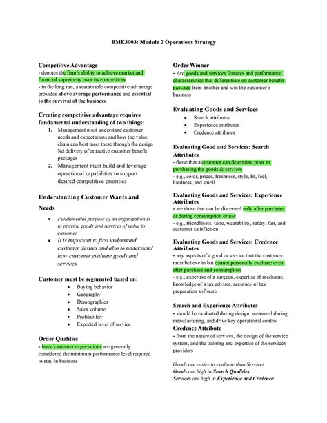 Bme3003 Module 2 Notes Bme3003 Module 2 Operations Strategy
