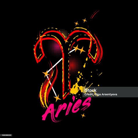 조디악 표지판 양자리의 아이콘이있는 레이블 페인트 얼룩 0명에 대한 스톡 벡터 아트 및 기타 이미지 0명 T 셔츠 검정색 배경 Istock