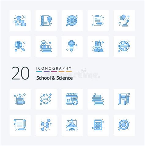20 School And Science Blue Color Icon Pack Like Story Pen Calendar Literature Books Stock Vector