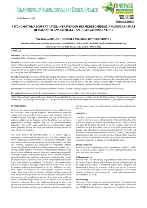 Pdf Psychomotor Recovery After Intravenous Dexmedetomidine Infusion As A Part Of Balanced