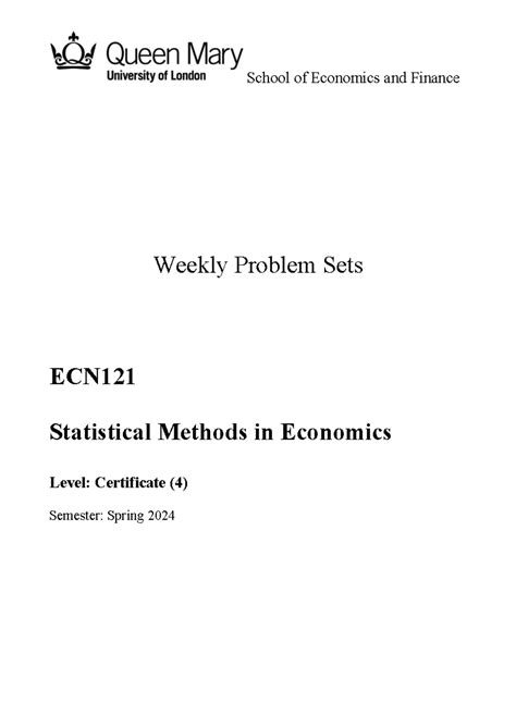 Problem Set Stats School Of Economics And Finance Weekly Problem Sets Ecn 121 Statistical