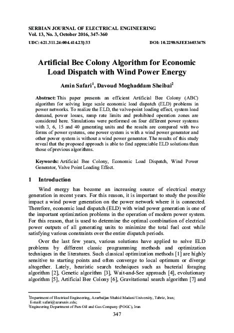 Pdf Artificial Bee Colony Algorithm For Economic Load Dispatch With Wind Power Energy