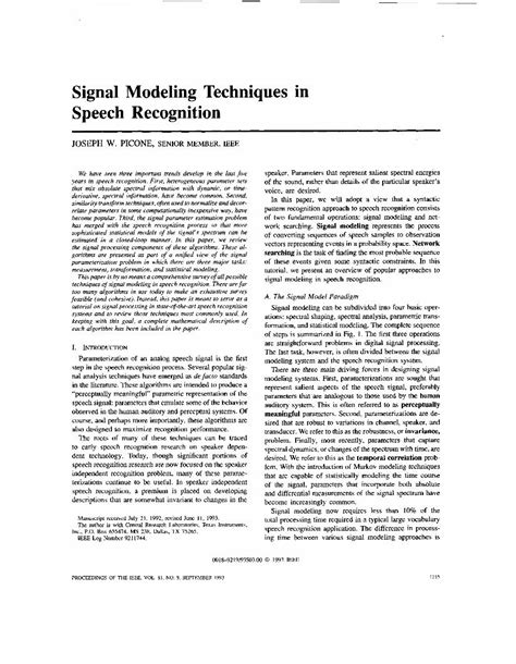 Pdf Signal Modeling Techniques In Speech Recognition · Signal