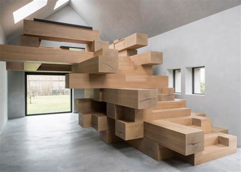 Stacked Beams Form Jenga Like Workspace Inside Former Barn In Belgium