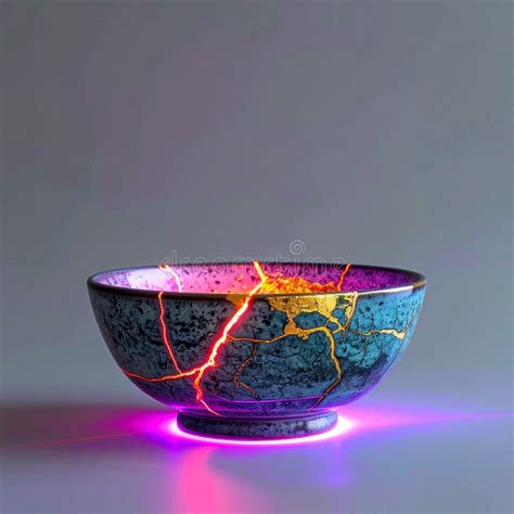 Glowing Kintsugi Bowl With Pink Neon Light Stock Illustration