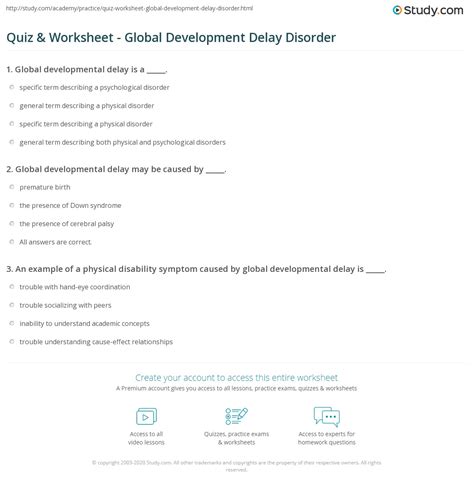 Quiz And Worksheet Global Development Delay Disorder