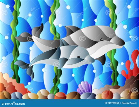 illustration en vitrail avec une paire de dauphins sur fond d eau et de