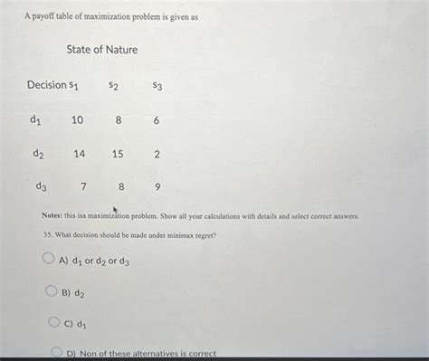 solved a payoff table of maximization problem is given as