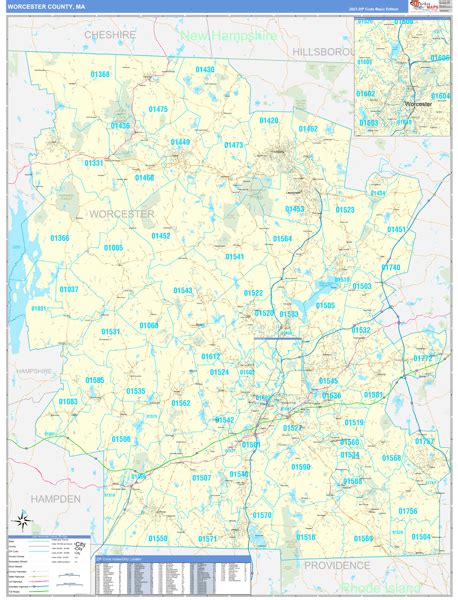 Worcester County Ma Zip Code Wall Map Basic Style By Marketmaps Mapsales