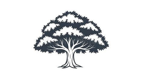 Oak Tree Silhouette Logo In Black And White Featuring Detailed Leafy