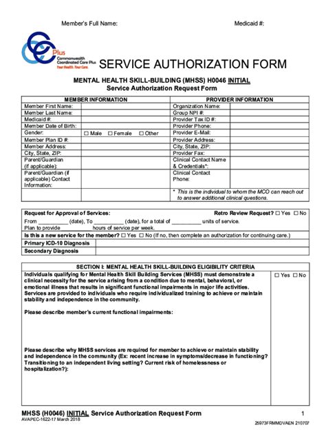 Fillable Online Service Authorization Form Mental Health Skill