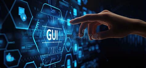 hand interacting with futuristic graphical user interface gui in dark