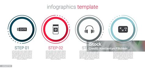 세트 위치 체육관 단백 동화 약물 헤드폰 및 피트니스 클럽 카드 비즈니스 인포그래픽 템플릿입니다 벡터 개념에 대한 스톡 벡터