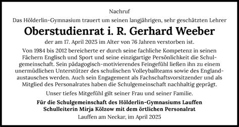 Traueranzeigen Von Gerhard Weeber Trauerundgedenken De
