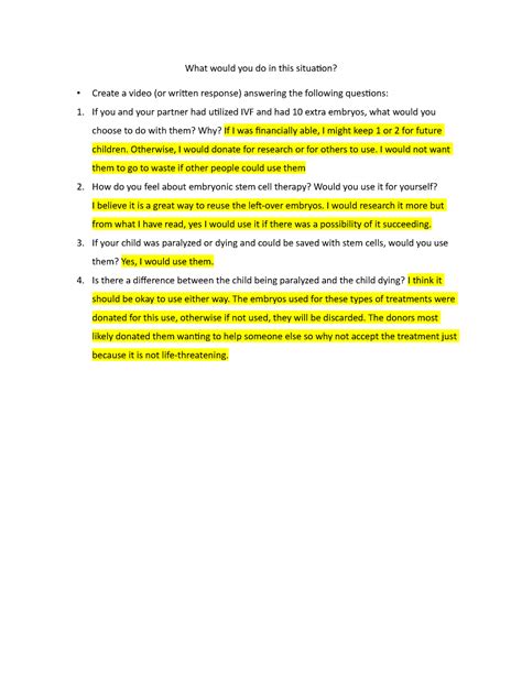 Biology 1101 Stem Cell Reflection Assignment What Would You Do In