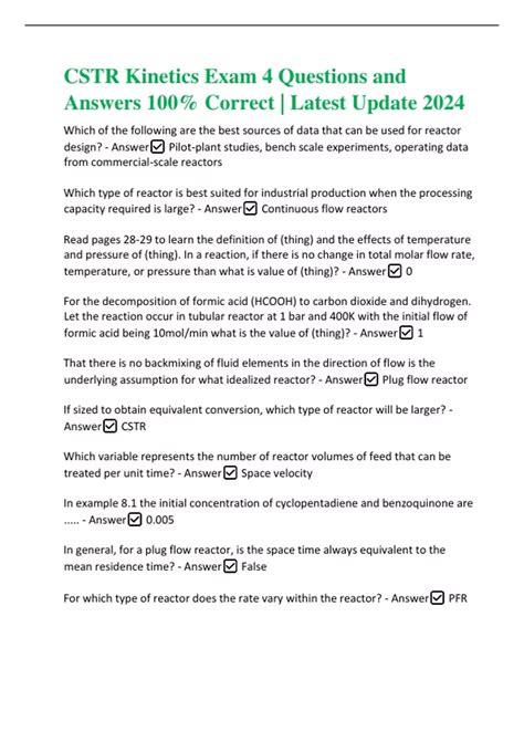 CSTR Kinetics Exam Questions And Answers Correct Latest Update Cstr Stuvia US