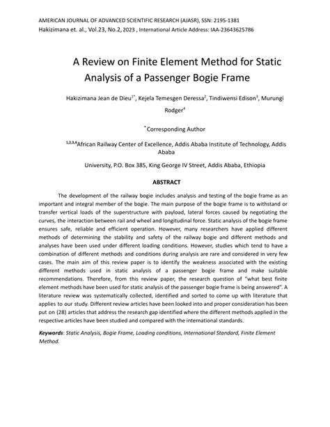 Pdf A Review On Finite Element Method For Static Analysis Of A Passenger Bogie Frame