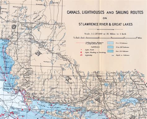 1915 Large Antique Map Of Canals Lighthouses And Sailing Routes On St