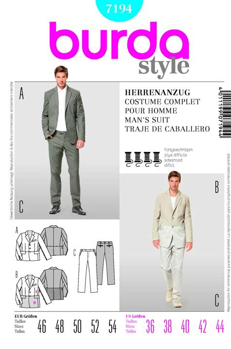 Mens Suit Sewing Patterns Burda 7194 Mens Suit