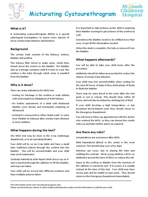 Mcu Test Micturating Cystourethrogram Pdf Urinary System Urination