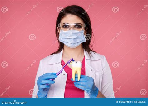Dentist In The Mask And Glasses Holding Model Tooth Isolated Over The Pink Background Stock