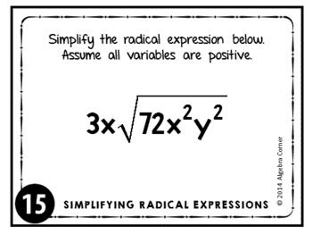 Simplifying Radical Expressions Task Cards By ChiliMath TpT