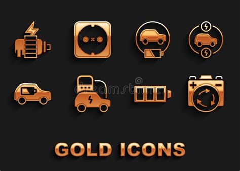 Set Electric Car Battery With Recycle Symbol Charge Motor And Electrical Outlet Icon Vector