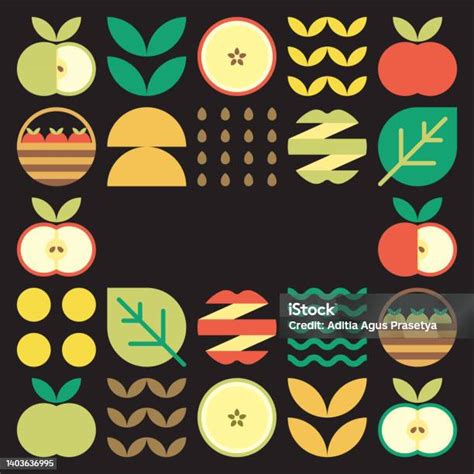 애플 프레임 추상 작품 미니멀리스트 스타일의 다채로운 사과 패턴 나뭇잎 및 기하학적 기호의 디자인 일러스트레이션 전체 과일 자르고 쪼개기 검은 배경에 간단한 플랫 벡터 가을