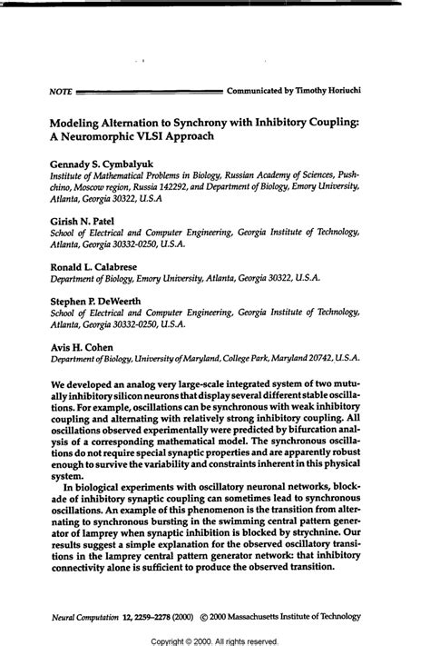 Pdf Modeling Alternation To Synchrony With Inhibitory Coupling A Neuromorphic Vlsi Approach