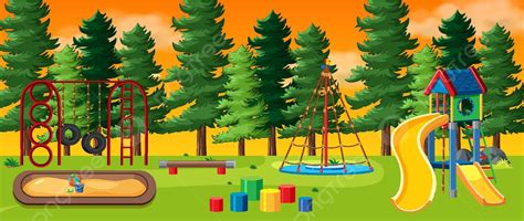 Cartoon Playground With Pines And Colorful Sky Pines Junglegym Daytime