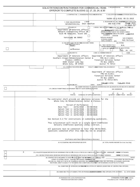 Sf 1449 Solicitationcontractorder For Commercial Items Doc Template
