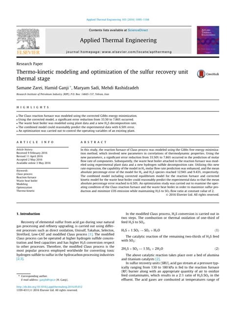 Thermo Kinetic Modeling And Optimization Of The Sulfu 2016 Applied