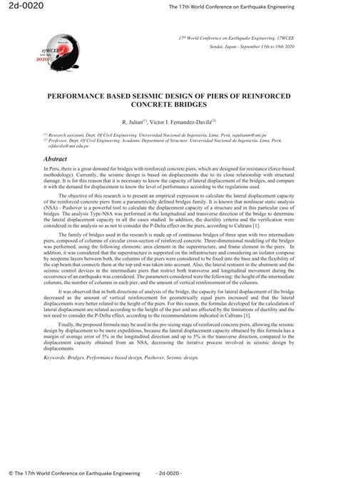 Pdf Performance Based Seismic Design Of Piers Of Reinforced Concrete Bridges
