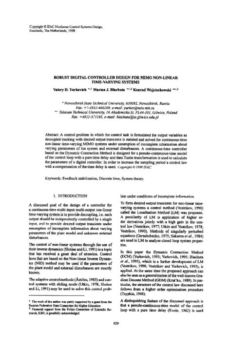 Pdf Robust Digital Controller Design For Mimo Non Linear Time Varying Systems