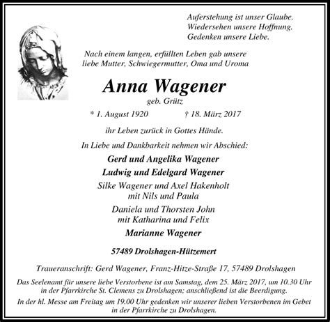 Traueranzeigen Von Anna Wagener Trauer In Nrwde