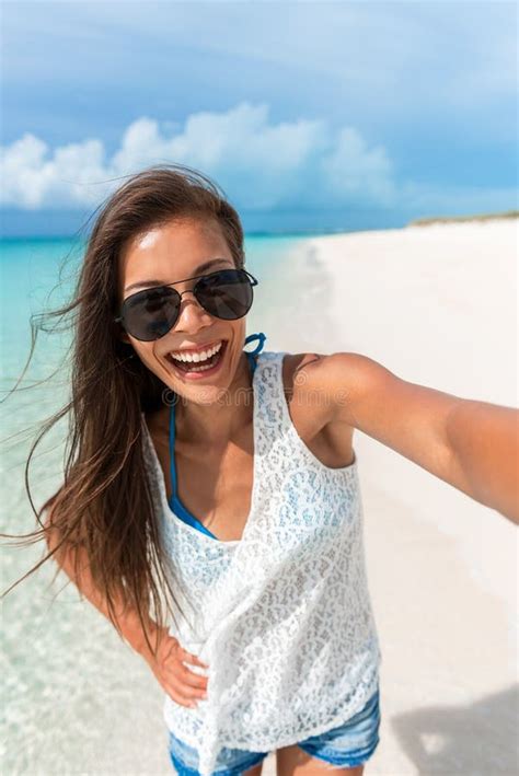 Beach Selfie Young Asian Woman Taking Fun Photo With Phone On Caribbean