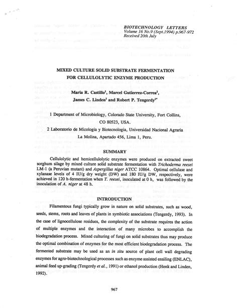 Pdf Mixed Culture Solid Substrate Fermentation For Cellulolytic