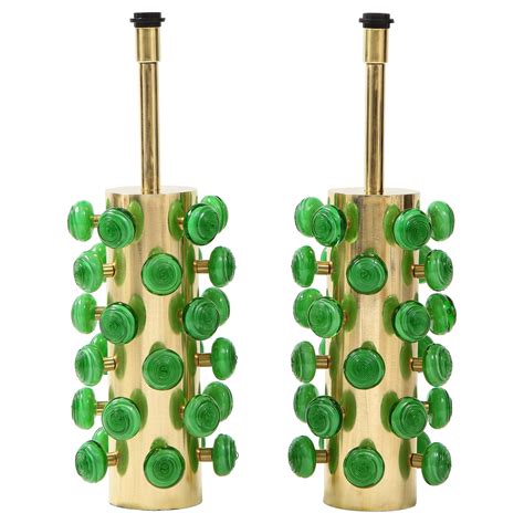 Pair Of Green Murano Glass Knobs And Brass Cylinder Sculptural Lamps Italy 2021 At 1stdibs