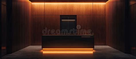 Modern Reception Desk With Elevator In A Minimalist Office Lobby Stock