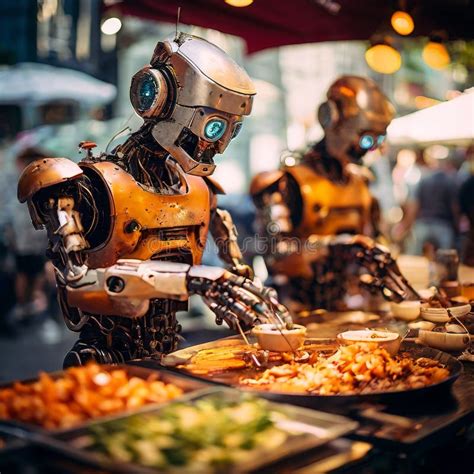 Robotic Chefs Preparing Food At A Futuristic Street Market Stock Image