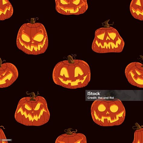 Halloween Glowing Pumpkins Vector Cartoon Seamless Pattern Background