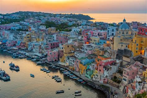 Sunset View Of Marina Di Corricella At Italian Island Procida Editorial Photography Image Of