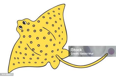 경련 물고기 긴 꼬리와 날개를 가진 해양 연골 물고기 벡터 일러스트레이션 뒤편을 발견한 노란 바다 거주자 스캇 수중 생성 만화 스타일 고립 된 배경 가오리상목에 대한 스톡