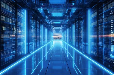 Captivating Modern Data Center With Organized Server Racks Emitting Mesmerizing Blue Glow Stock