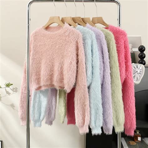 Cropped Fuzzy Sweater 8 Colors Megoosta Fashion