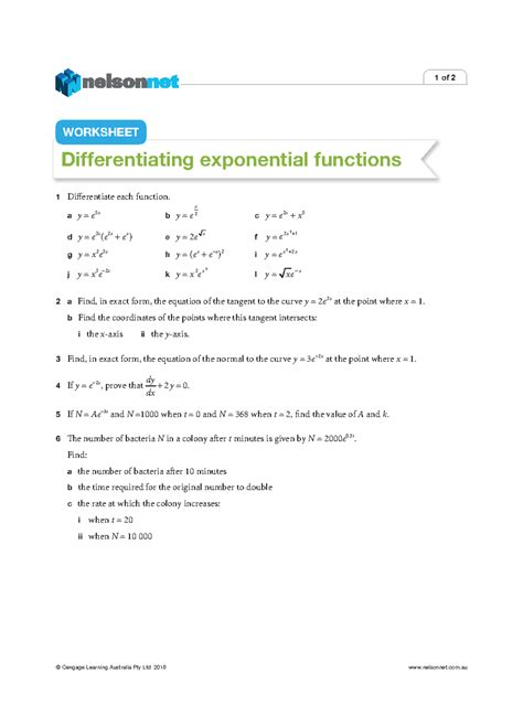 Maths11 Worksheet Differentiating Exponential Functions And Tangents
