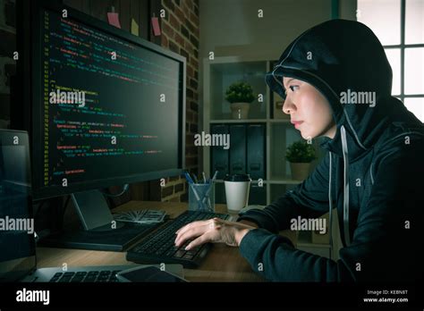 attractive beauty girl using code language hacking online system to