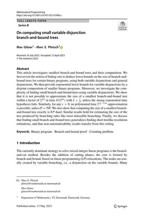 Pdf On Computing Small Variable Disjunction Branch And Bound Trees