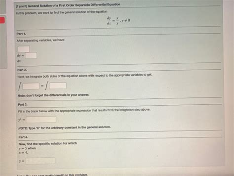 Solved 1 Point General Solution Of A First Order Separable