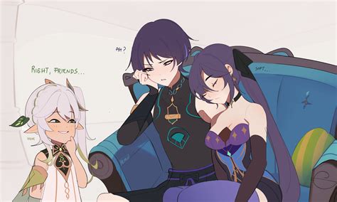 Mona Scaramouche Nahida Wanderer And Mona Genshin Impact Drawn By